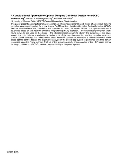 pdf computational approach to optimal damping controller design for a