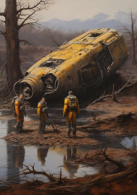 Premium Ai Image People Standing Wrecked Plane Radioactive Swamp Fall Galactic Empire Silver