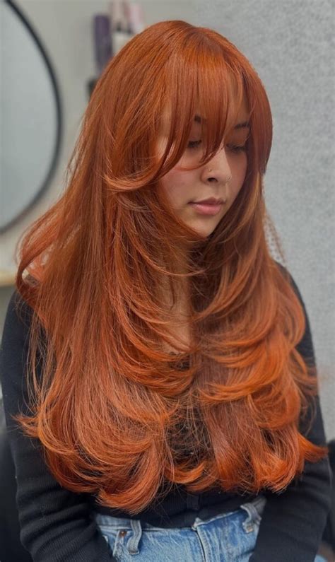 50 Long Fringe Hairstyles Copper Shag Long Layers With Wispy Curtain