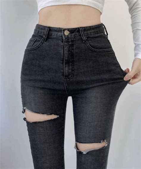 모델강추스판 내몸 착붙허찢 트임 그레이 찢청 스키니 팬츠 에이블리