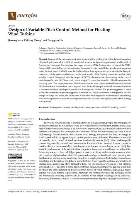 Pdf Design Of Variable Pitch Control Method For Floating Wind Turbine