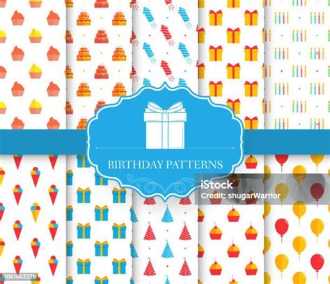 행복 한 생일 완벽 한 패턴의 컬렉션 집합입니다 풍선 케이크 선물 장식 아이스크림 레이블 로고 개념 불꽃놀이 인사말 카드 또는