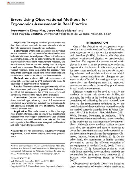 Errors Using Observational Methods For Ergonomics Assessment In Real Practice 1 Pdf Human