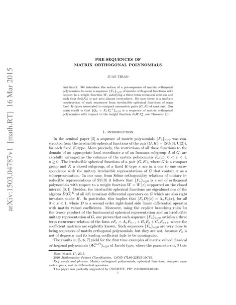 Pdf Pre Sequences Of Matrix Orthogonal Polynomials