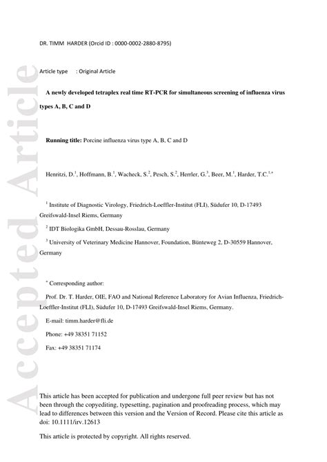 Pdf A Newly Developed Tetraplex Real Time Rt‐pcr For Simultaneous Screening Of Influenza Virus