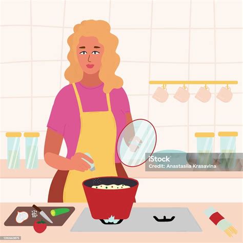 그녀의 부엌에서 요리 하는 아름 다운 여자 빨간 드레스와 노란색 앞치마 소금 수프에 갈색 머리와 냄비에서 뚜껑을 잡고 만화 벡터 일러스트레이션 가구에 대한 스톡 벡터 아트