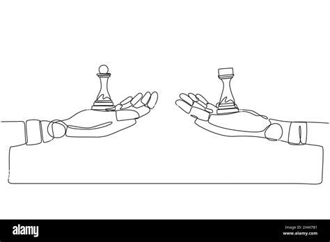 Single Continuous Line Drawing Robots Hands With Pawn And Rook Chess Pieces Modern Robotics