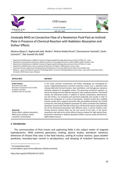 Pdf Unsteady Mhd On Convective Flow Of A Newtonian Fluid Past An Inclined Plate In Presence Of