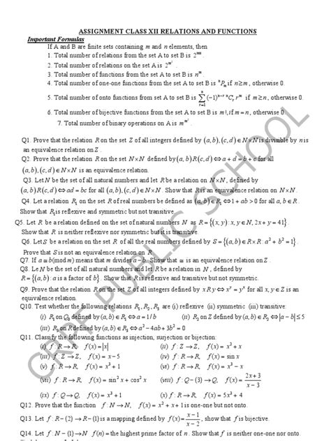 assignment class xii relations and functions important formulas if a