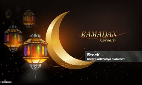 라마단 카림 또는이 이드 무바라크 인사말 카드는 이슬람의 이슬람교 축제의 이슬람 잔치에 초 롱 램프 달과 별 랜 턴 벡터