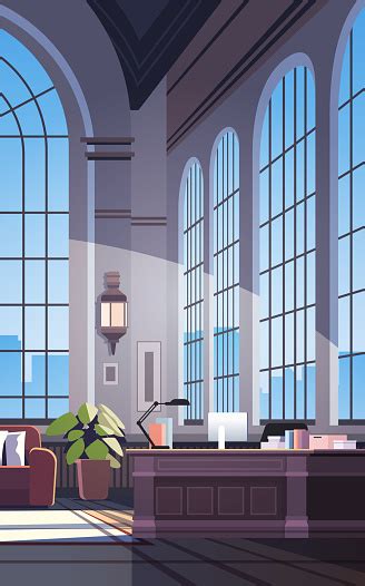 창조적 인 빈 사람이 없는 아파트 기업 또는 프리랜서 작업을 위한 가구가 있는 열린 공간의 현대적인 로프트 인테리어 홈 오피스