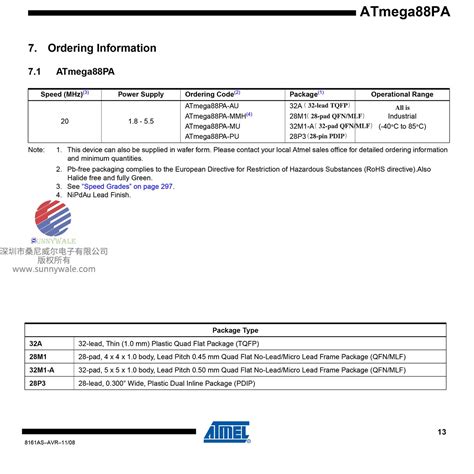 atmega88pa au atmel 8 bit avr microcontroller微控制器 with 8k bytes in system programmable flash 安