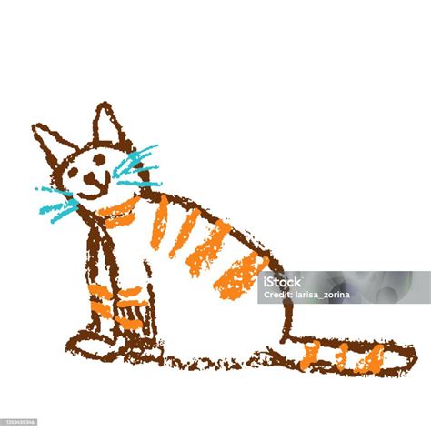 웃는 고양이에 앉아 재미 빨간 태비 아이의 손으로 그린 귀여운 새끼 고양이 예술처럼 왁스 크레용 귀여운에 대한 스톡 벡터 아트 및 기타 이미지 Istock