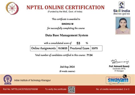 Sindhu M On Linkedin Nptel Databasemanagement Certified Datascience