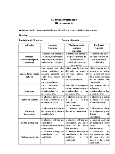 Rubrica Del Calendario Pdf