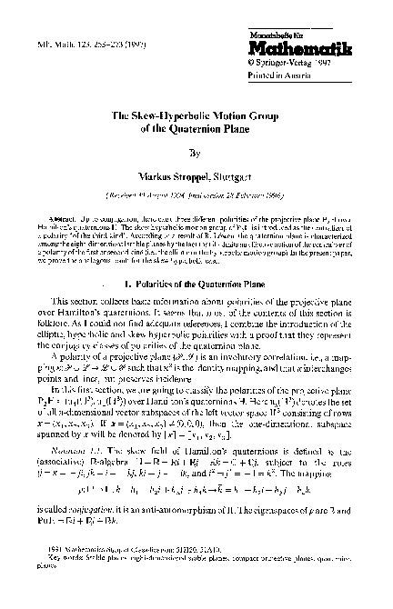 Pdf The Skew Hyperbolic Motion Group Of The Quaternion Plane Markus