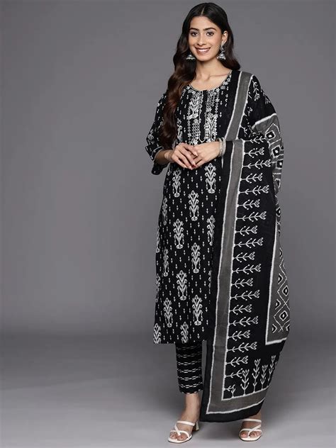 Buy Black Printed Cotton Straight Kurta With Trousers And Dupatta Online