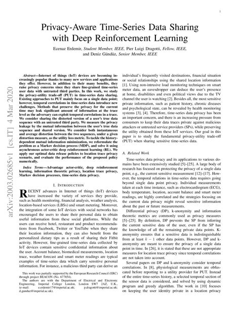 Privacy Aware Time Series Data Sharing With Deep Reinforcement Learning Deepai