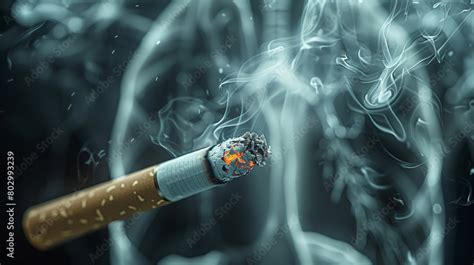 Cigarette Emits Smoke In Foreground Illustrating The Harmful Effects
