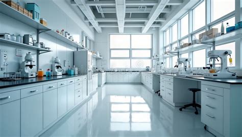 Modern Bright Lab Interior Shows Equipment Desks Lab Spacious Organized Plenty Of Light