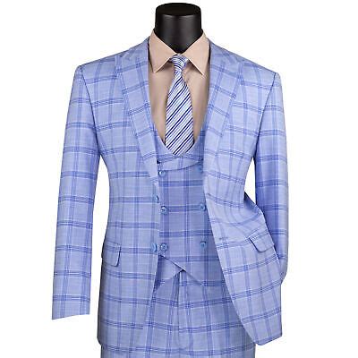 Vinci Mens Light Blue Windowpane 3pc Stretch Modern Fit Suit New Ebay
