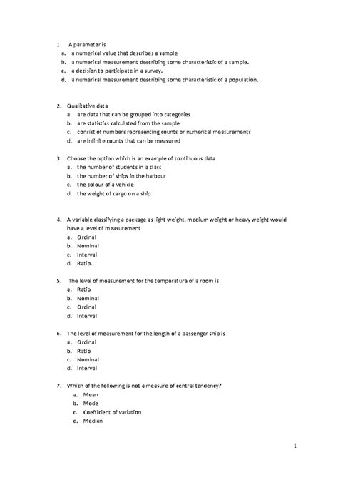 Apps 101 Test 1 Past Paper A Parameter Is A A Numerical Value That Describes A Sample B A