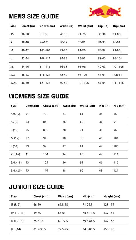 Red Bull X Castore Size Chart Fueler™
