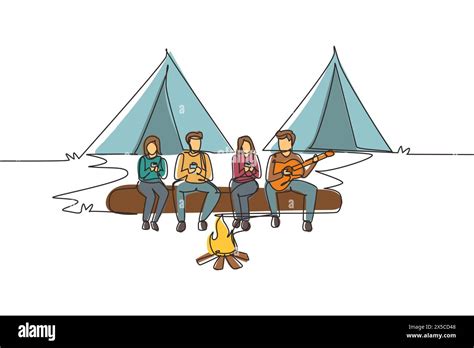 Single One Line Drawing Two Couple Hikers Sitting On Log Of Wood Near