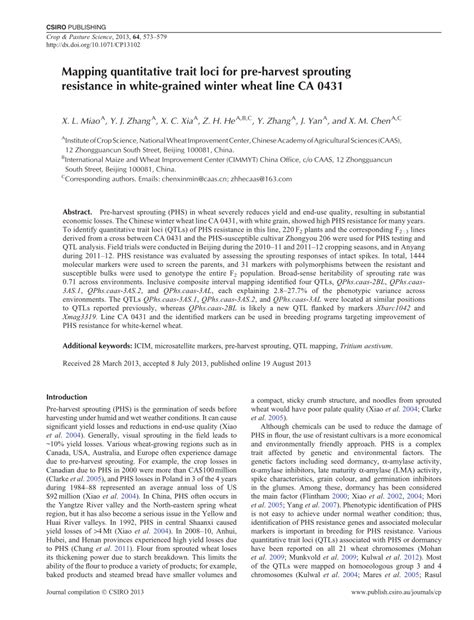 Pdf Mapping Quantitative Trait Loci For Pre Harvest Sprouting