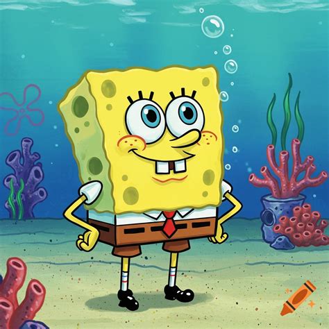 Spongebob Squarepants Stands On The Seabed Smiling In The Cartoon Style On Craiyon