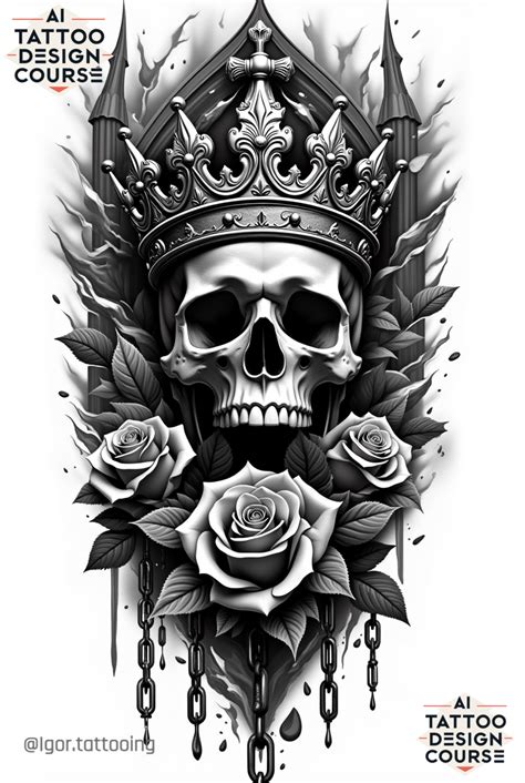 Baroque Skull King Tattoo Design Gothic Skull With Crown Roses