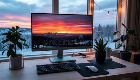 modern workspace by window sunset wallpaper on computer screen plants