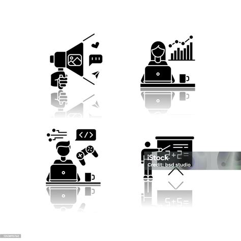 프리랜서 직업은 그림자 검은 색 글리프 아이콘 세트를 드롭합니다 시장학자 및 소셜 미디어 코디네이터 게임 개발자 및 튜터