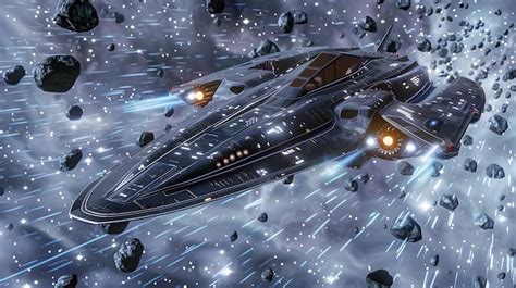 Futuristic Spaceship Flying Through An Asteroid Field Premium Ai Generated Image