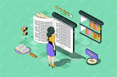 3d 아이소메트릭 디자인의 온라인 읽기 웹 개념 가상 라이브러리를 사용하여 모바일 앱에서 전자책을 읽고 인터넷 서점에서 구매하는 여성 아이소메트리 장면이 있는 벡터 웹 그림
