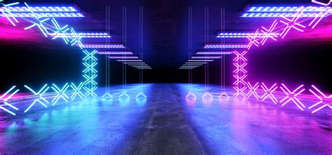 공상 과학 소설 아스팔트 미래 무용 무대 빈 금속 건축 구조 터널 지 하 쇼 네온 빛나는 레이저 Led 활기찬 자주색 파란 그런 지 구체적인 가상 3d 렌더링 0명에 대한