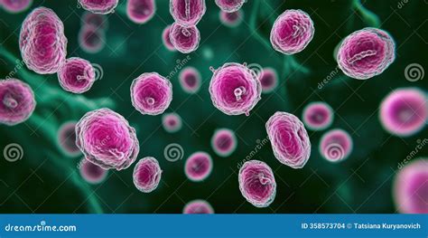 Microscopic View Of Pink Cells In A Dark Green Background Showcasing