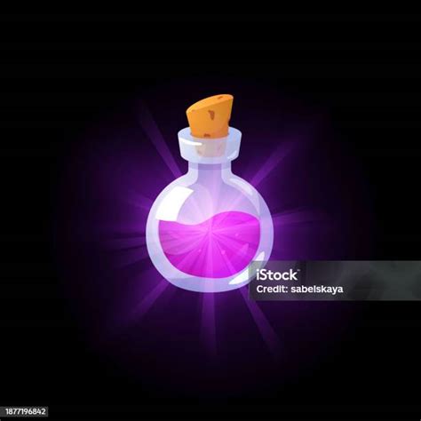 마법의 빛나는 분홍색 물약 플라스크 코르크 우드 플러그와 엘릭서가 들어있는 벡터 둥근 유리 병 마녀 독 Gui 게임 건강관리와