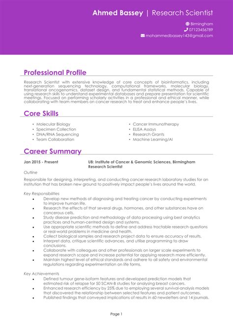 Research Scientist CV Example Guide And CV Template