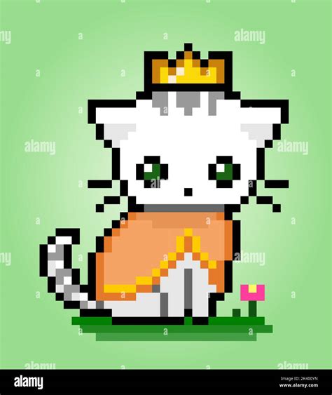 Pixel 8 Bit Cat Wearing King Suit Outfit Animals For Game Assets In