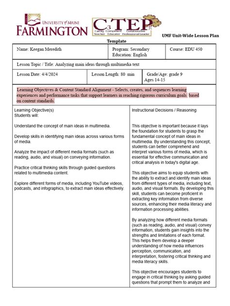 Day 5 Lesson Plan For Analysis Unit Pdf Reading Comprehension