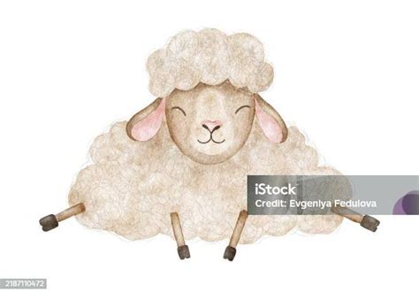 베이지색 양 귀여운 솜털 아기 양이 잠을 자고 꿈을 꾸고 있습니다 고립 된 손으로 그린 어린이 수채화 그림 아동 용품 초대장 엽서 포스터 베이비 샤워 및 어린이 방의 클립