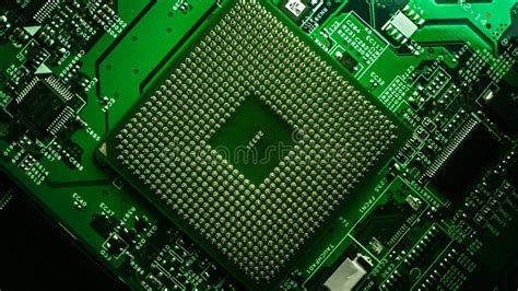 Tomada De Macro Do Soquete Do Processador Cpu Na Placa De Circuito Impresso Verde Ou Na Placa