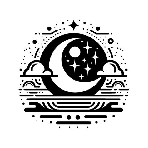 Stylized Black And White Celestial Illustration Crescent Moon Stars