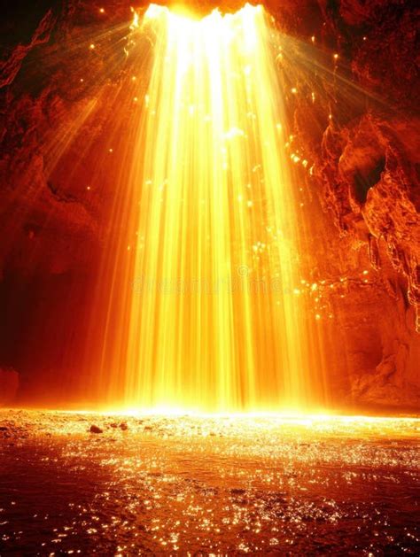 Golden Light Beams Cave Waterfall Divine Rays Nature Spiritual Red Art