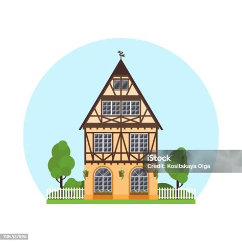 흰색 배경에 고립 된 색의 반 목조 건물 유럽 프레임 하우스 별장의 평면 외관 푸른 하늘 배경에 나무와 다채로운 시골 집입니다 건물 외관에 대한 스톡 벡터 아트 및 기타