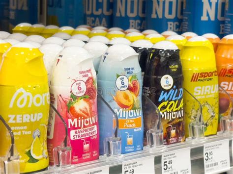 Assorted Drink Flavor Syrups On Store Shelf Display Editorial Stock Image Image Of Retail