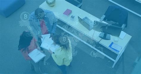 Animation Of World Map With Network Icons Over Diverse Business People