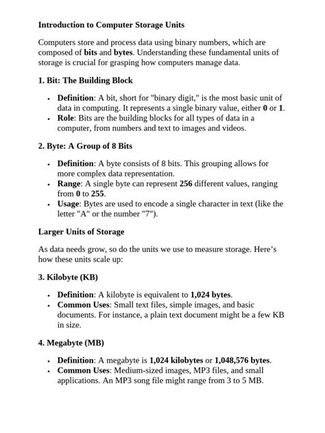 Introduction To Computer Storage Units Pdf Byte Bit