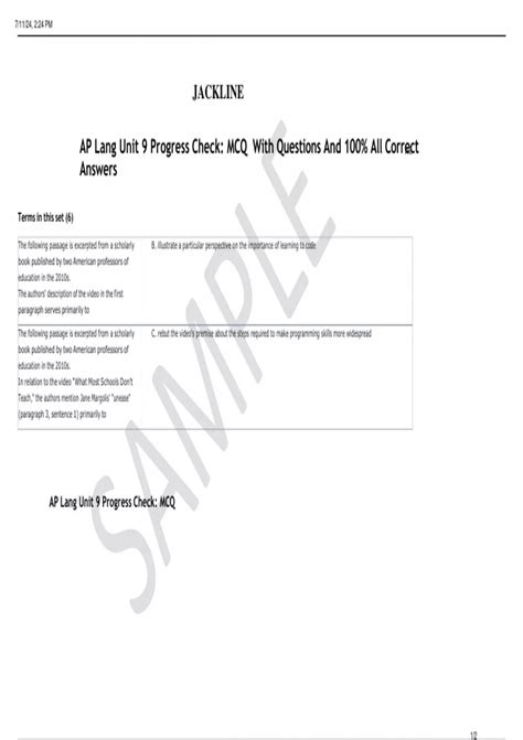 Ap Lang Unit 9 Progress Check Mcq With Questions And 100 All Correct